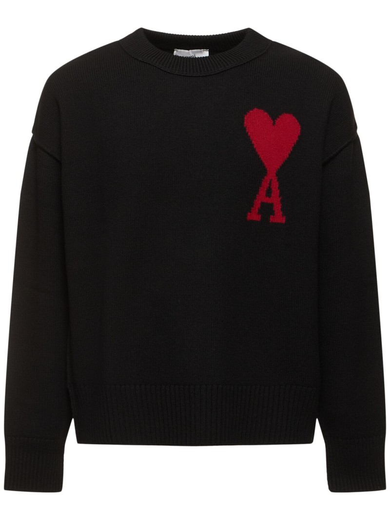 Logo wool knit crewneck sweater - AMI Paris - Men | Luisaviaroma