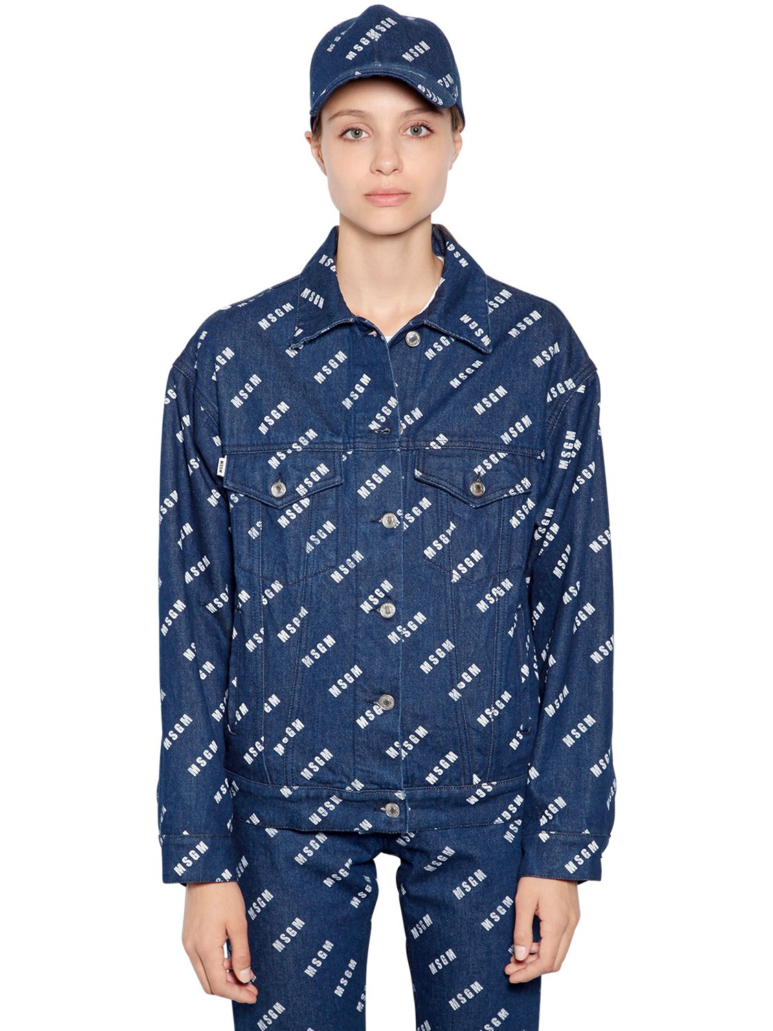 Msgm Logo Printed Cotton Denim Jacket In Blue | ModeSens