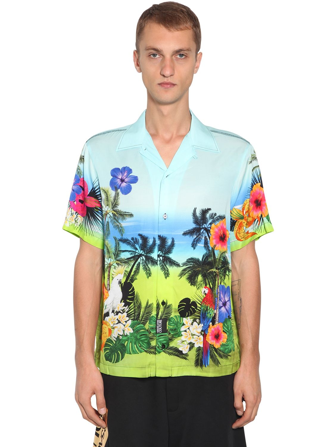 Versace Jeans Couture Hawaii Print Viscose Bowling Shirt In Versace Jeans Couture Hawaii Print Viscose Bowling Shirt In