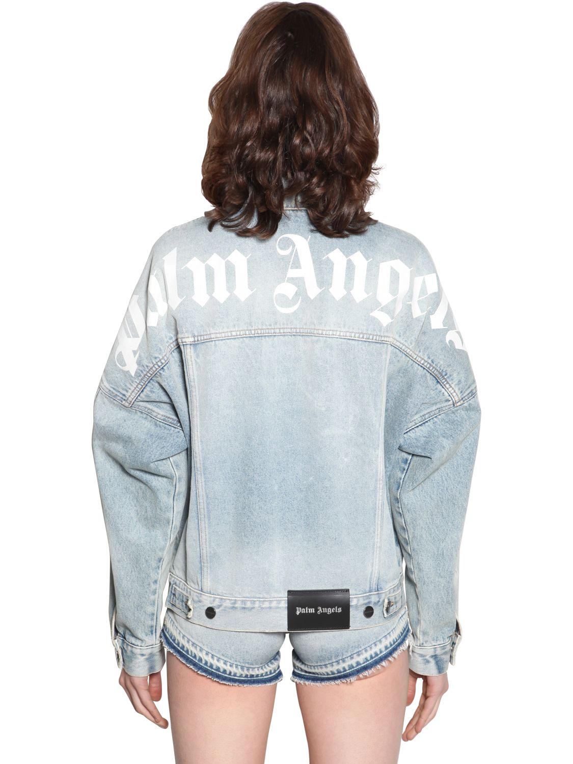 Palm Angels Logo Print Cotton Denim Jacket In Light Blue | ModeSens