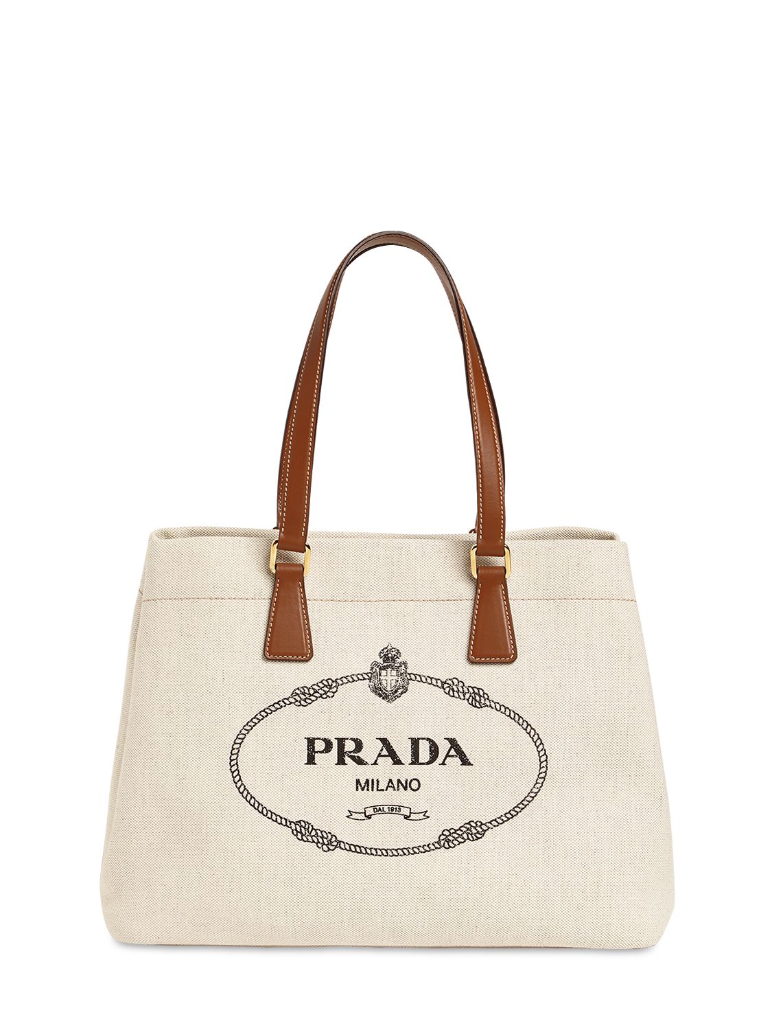 Prada Logo Printed Canvas Tote Bag In Beige | ModeSens