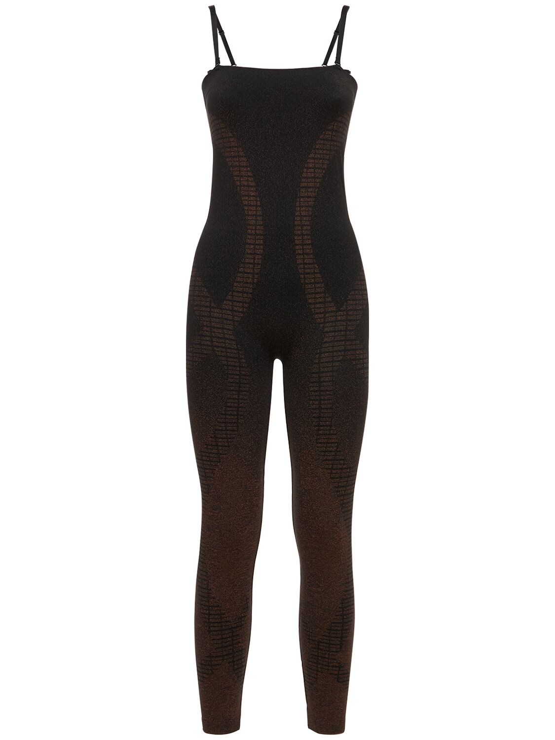 Wolford Shiny Grid Sleeveless Active Jumpsuit In Black Copper Modesens