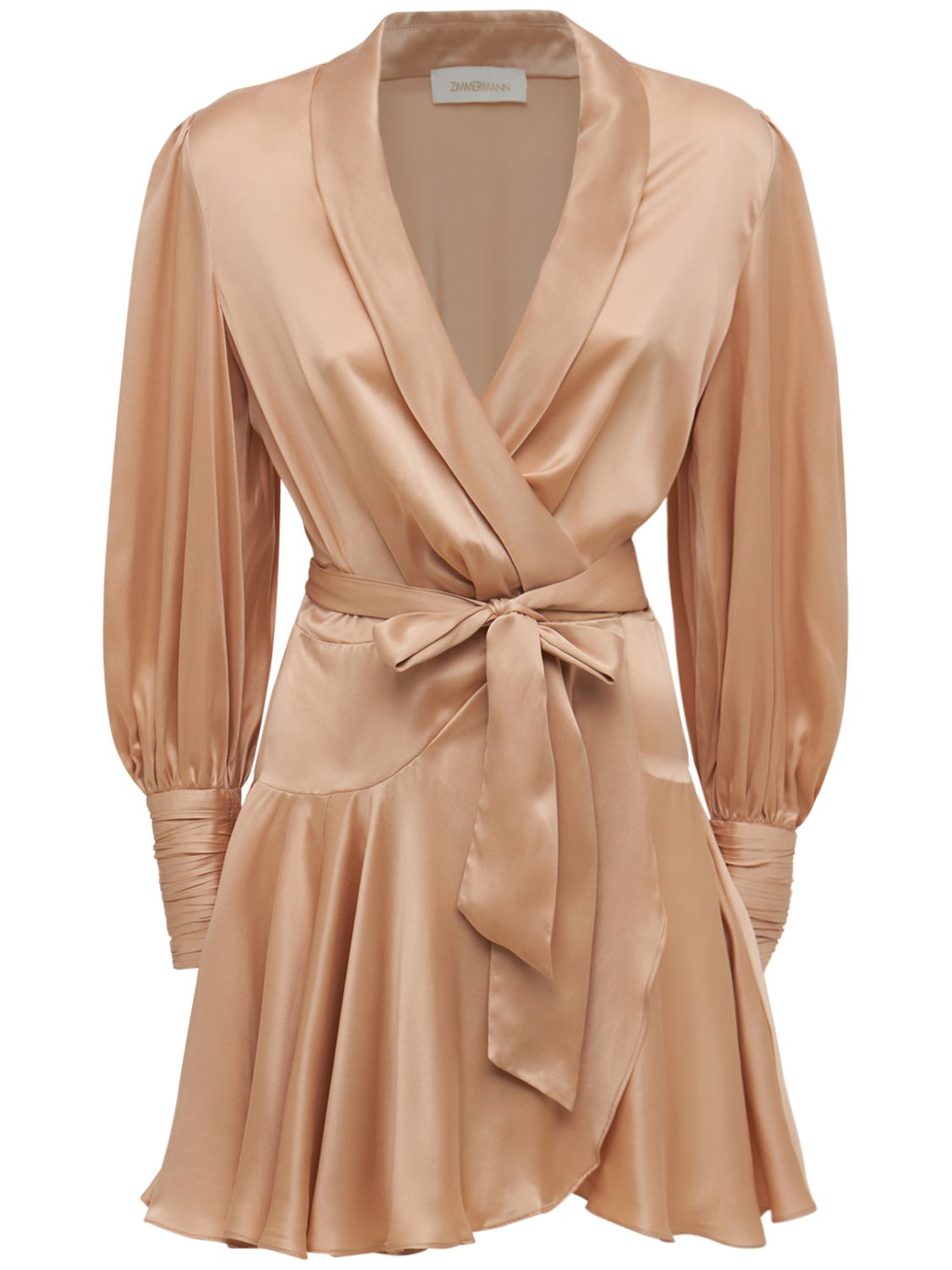 Zimmermann Wrapped Satin Silk Mini Dress In Beige | ModeSens