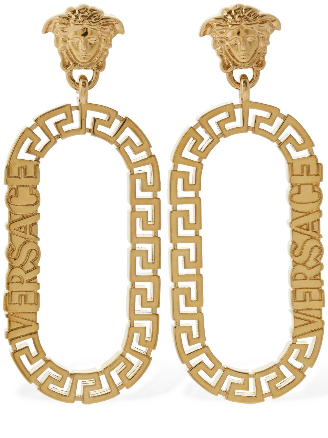 Versace Greca Motif & Logo Pendant Earrings In Gold | ModeSens
