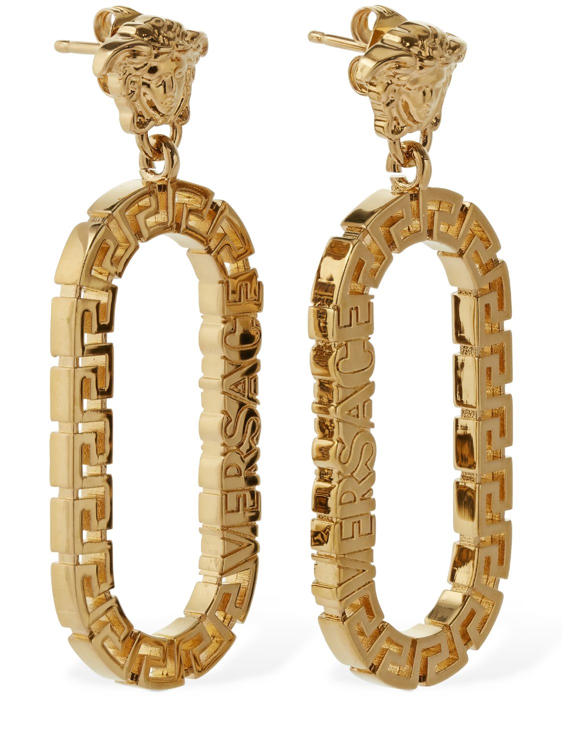 Versace Greca Motif & Logo Pendant Earrings In Gold | ModeSens