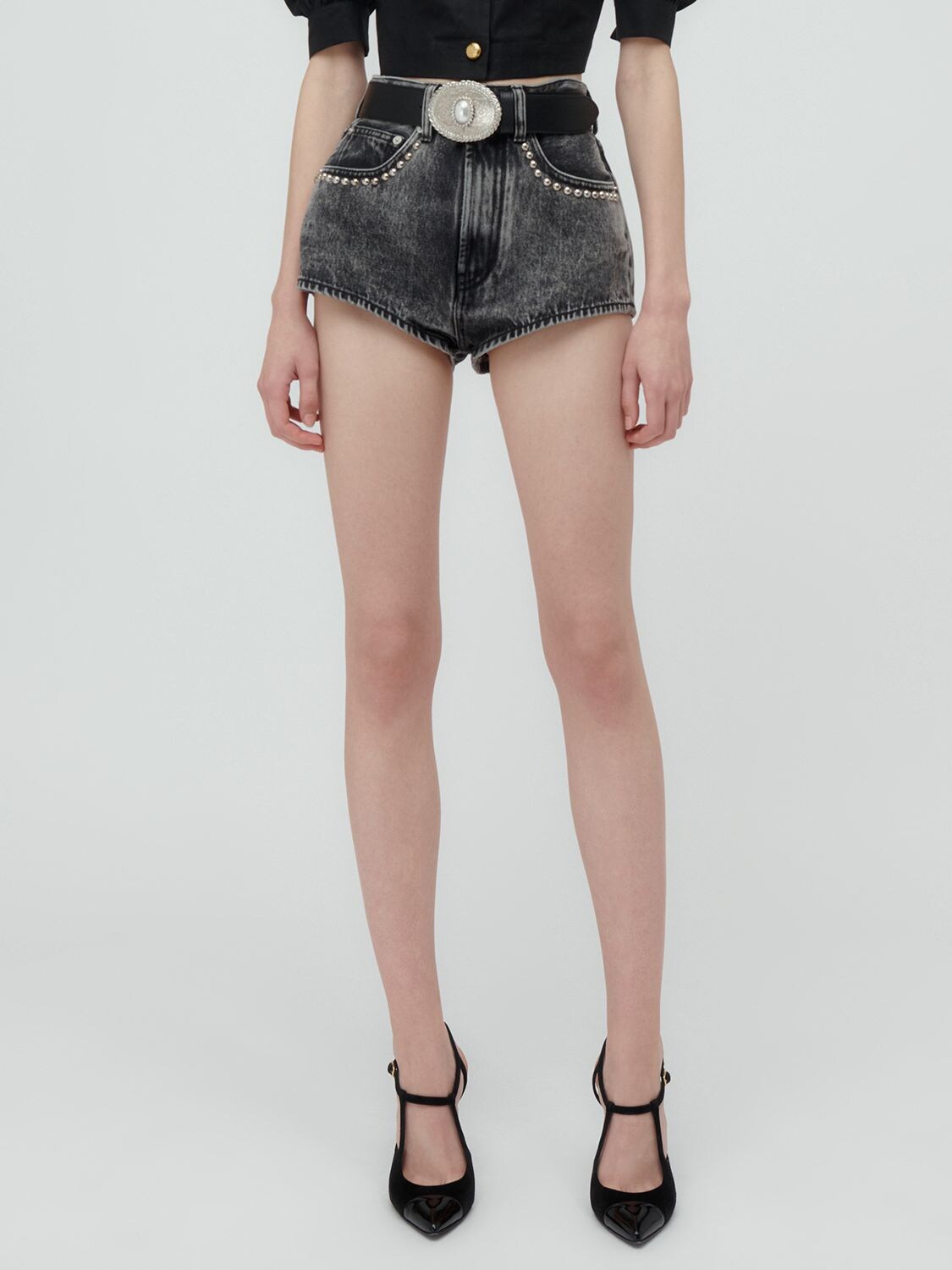 Alessandra Rich High Rise Cotton Denim Mini Shorts In Grey | ModeSens