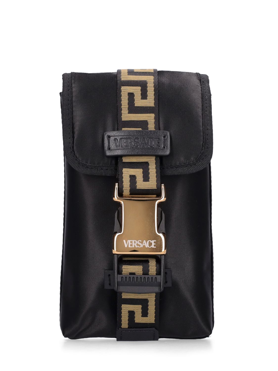 Versace Greca Nylon & Leather Phone Holder In Black-gold | ModeSens