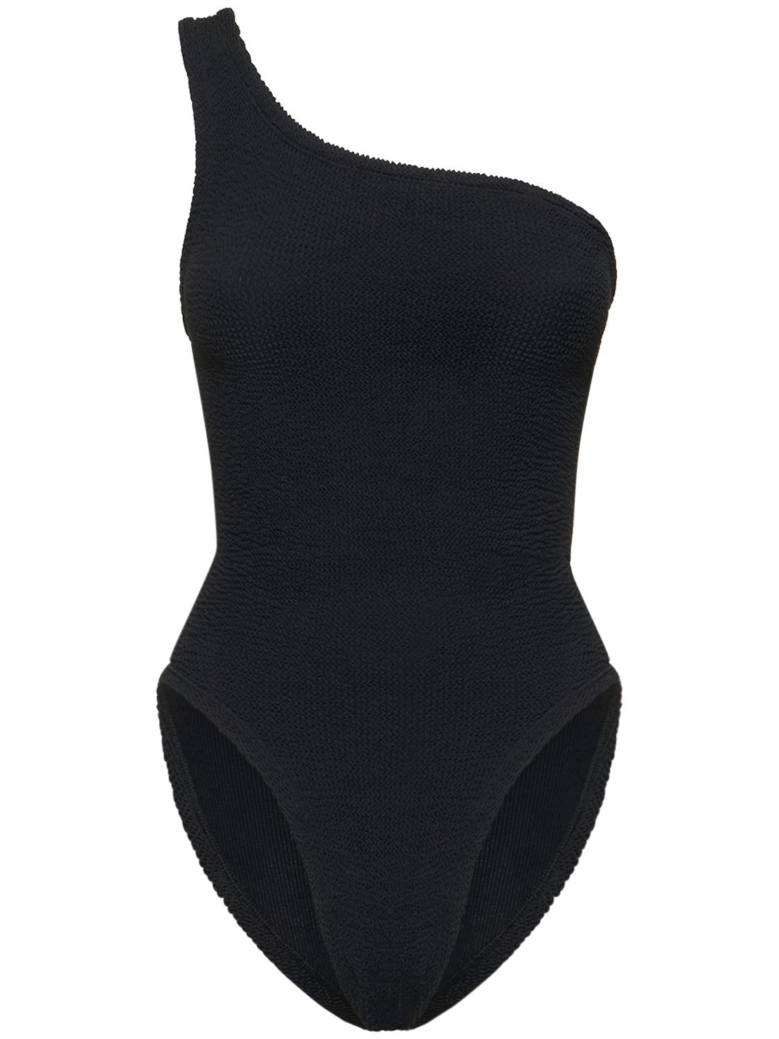 Hunza G Nancy One Shoulder Crinkle One Piece Swimsuit In Metallic Cocoa